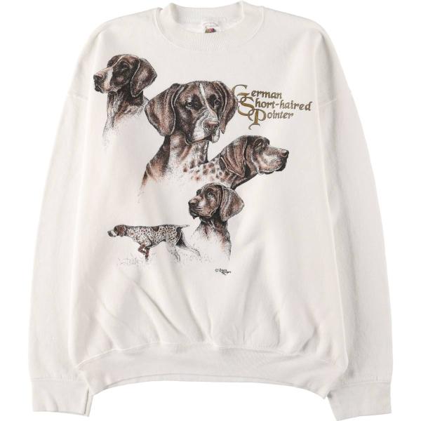 【コンディション】ランク：C【サイズ】着用感：メンズXL表記サイズ：XL着丈：64cm身幅：59cm肩幅：62cm袖丈：56cm【商品詳細】商品名：古着 80年代 フルーツオブザルーム ジャーマン ショートヘアード ポインター アニマル ス...