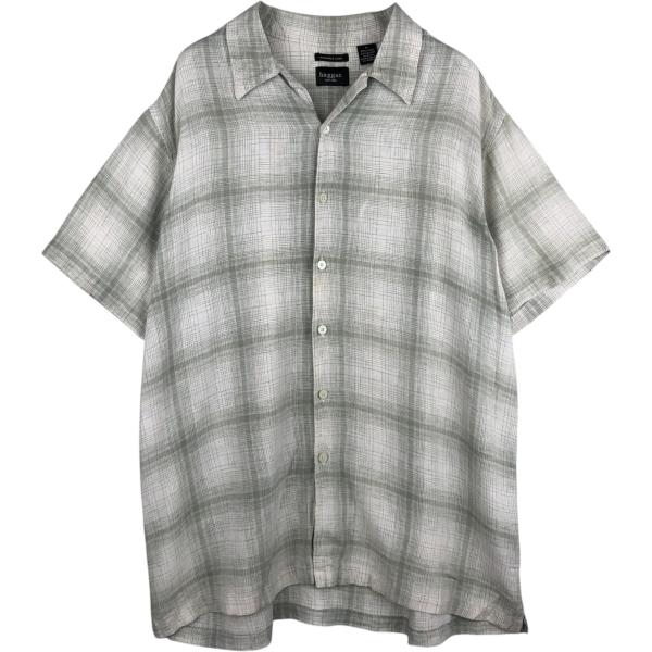【コンディション】ランク：C【サイズ】着用感：メンズXL表記サイズ：XL着丈：77cm身幅：58cm肩幅：49.5cm袖丈：23cm【商品詳細】商品名：古着 ハガー haggar チェック柄 半袖 オープンカラー レーヨン×リネンシャツ ボ...