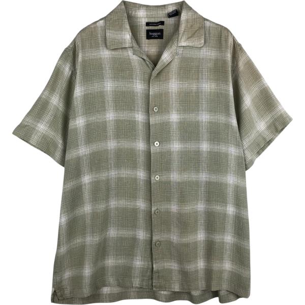 【コンディション】ランク：C【サイズ】着用感：メンズL表記サイズ：L着丈：72cm身幅：57cm肩幅：47cm袖丈：24.5cm【商品詳細】商品名：古着 ハガー haggar. チェック柄 半袖 オープンカラー レーヨン×リネンシャツ ボッ...