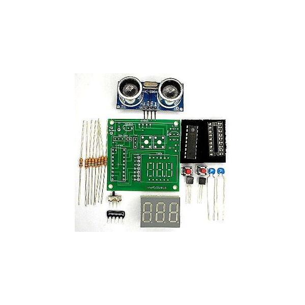 ■回路説明超音波センサーモジュールHC-SR04を使った超音波距離計です。マイコンの命令によりHC-SR04は超音波を発射して、対象物からの反射波が届くまでの時間を計測してマイコンに出力しますマイコンは入力時間を距離に換算して7セグメントに...