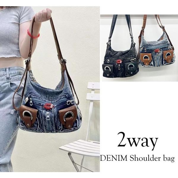 ★★キラキラかわいいブローチ付きデニムショルダーバッグが入荷致しました★★・使い勝手がよく人気の形のショルダーバッグ・ワンショルダー・斜め掛け・リュックの3通り楽しめます♪・ウォッシュ加工デニムを使用。程良いくたっと感がおしゃれなデザインで...