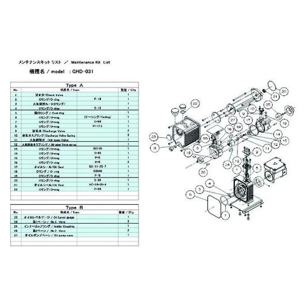 【商品説明】●油回転真空ポンプのメンテナンスに必要な消耗品を揃えたセットです。【仕様】●型番：GHD-031 MAINTENANCEKIT A　●入数：1組　●タイプ：A　●パーツ内容：オイルシール、Oリング、排気弁　●適合機種：GHD−0...