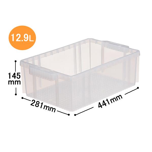 【仕様】●外寸法：幅４４１×奥行２８１×高さ１４５ｍｍ●有効内寸法：幅３６７×奥行２４７×高さ１２９ｍｍ●重量：９００ｇ●最大積み重ね段数：１５段●材質：ポリプロピレン●許容内容物重量：２０ｋｇ●色：透明●容量：１２．９Ｌ　<ジェット...