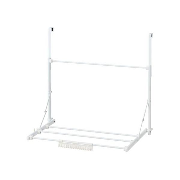 【商品説明】ドアに掛けて干せる物干し。フェイスタオルやハンガーに掛けた衣類も干せます。　ちょっとした荷物を置いたりと、簡易棚としても使えます。（※耐荷重表記重量まで）　靴下やハンカチ等の小物を干せる便利な小物干しパーツ付き。　部品点数が少な...