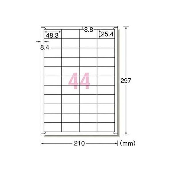 【仕様】●ラベルサイズ：４８．３×２５．４ｍｍ●サイズ：Ａ４（２１０×２９７ｍｍ）●標準総厚み：１３０μｍ（坪量：１２５ｇ／平方メートル）●仕様：４４面表示用●注文単位：１冊（１０シート）●対応プリンタ：インクジェットプリンタ（染料／顔料）...