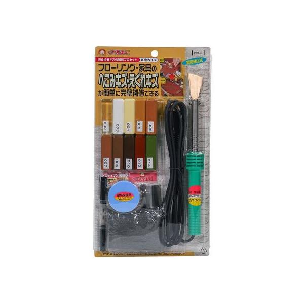 【商品説明】●専用電気コテでカラースティックに熱を加え、キズに流し込んで補修します。●補修箇所のカラーに色を合わせられる混色表付き。●コテ幅（約１０ｍｍ）までの大きさのキズを補修する事ができます。【仕様】●セット内容：専用電気補修コテ、耐熱...