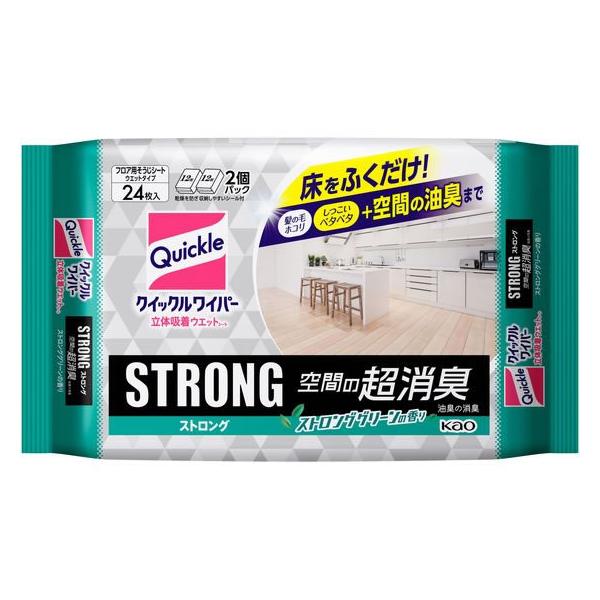 【商品説明】床をふくだけで、しつこいベタベタ汚れを落とせるだけでなく、空間の油臭の消臭までできるウエットシート。【仕様】●仕様：クイックルワイパー専用取替えシート●入数：２４枚（１２枚×２袋）●香り：ストロンググリーンの香り●液性：弱アルカ...