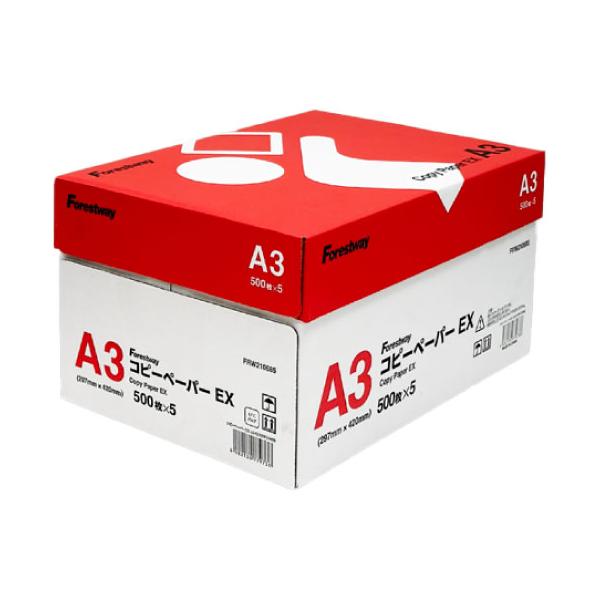 【仕様】手軽に使える高白色コピー用紙。大量印刷にもおすすめです。●Ｆｏｒｅｓｔｗａｙ　コピーペーパーＥＸ●サイズ：Ａ３●坪量：約６８ｇ／ｍ2●紙厚：約９４μｍ●ＩＳＯ白色度：約９３％●ＥＣＦ（無塩素漂白）パルプ１００％●注文単位：１箱（５０...