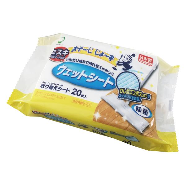 【商品説明】各社共通タイプのフローリングワイパー用取り替えシート。ひし型エンボス加工とアルカリ成分で細かい砂ボコリや足あと汚れをスッキリと拭き取ります。【仕様】●フローリング用ウェットシート●シートサイズ：約２００×３００ｍｍ●セスキ炭酸ソ...