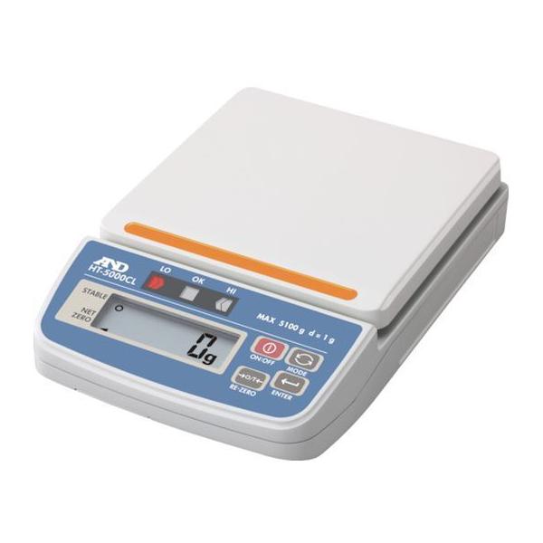 【仕様】●型番：HT5000CL　●秤量（g）：5100　●最小表示（g）：1　●載皿寸法（mm）：132×130　●幅（mm）：136　●奥行（mm）：195　●高さ（mm）：47　●電源：ACアダプター（付属）、または単3乾電池×4個（...