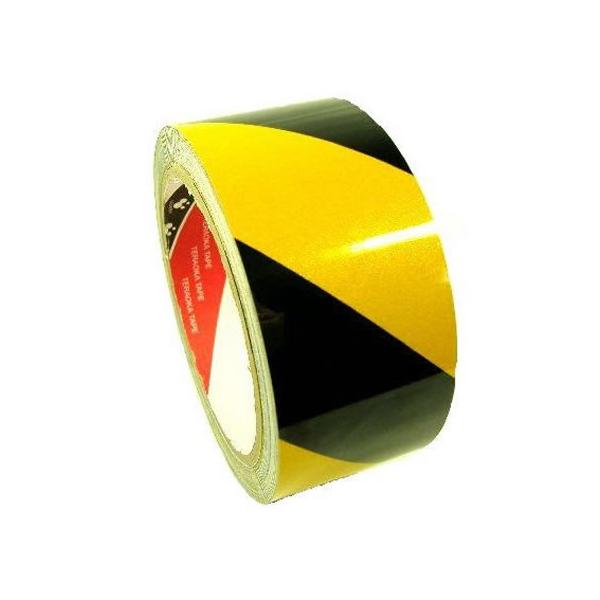 【仕様】黒／黄の斜線模様タイプの安全標示テープ　夜間反射タイプ●サイズ：幅４５ｍｍ×１０ｍ●厚さ：０．１８ｍｍ●材質：ポリエステルフィルム、アクリル系粘着剤、はく離ライナー●注文単位：１巻　<ジェットプライス>　【JP_LPC】