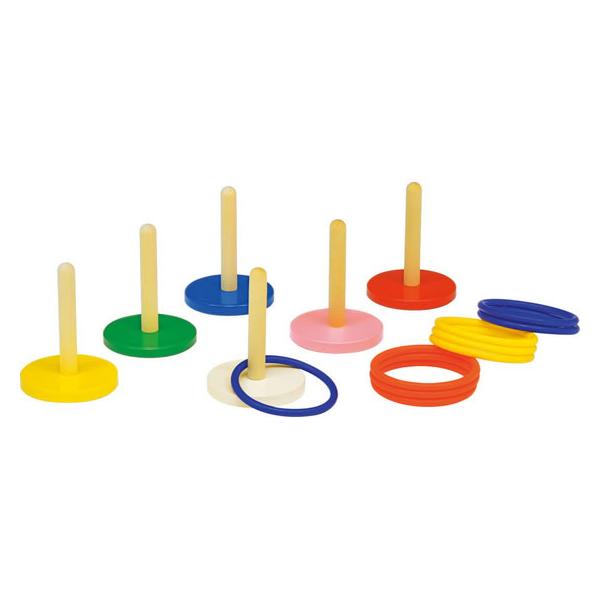 【商品説明】配置も自由にバリエーション豊富な遊び方で楽しめます。ポール取り外し可能、収納もスペースをとりません。【仕様】●素材・材質：木製（抗ウイルス加工）、リング／ＴＰＲ　●仕様：土台／６個１組（青、赤、黄、緑、ピンク、白）、リング９本（...