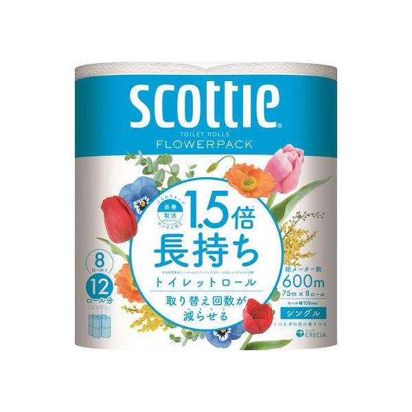 【商品説明】８ロールで１２ロール分の長さ　たっぷり使えて取り替えの手間を軽減　省スペース化で保管もスッキリ　家庭用トイレホルダー適応サイズ　くつろぎの花の香りつき　当社独自のふんわりキープ長巻製法によるやわらか長持ちロール【仕様】●長さ：シ...