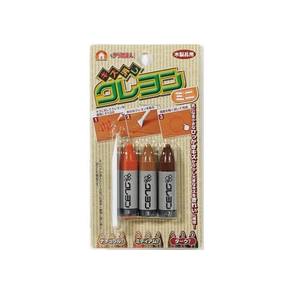 【商品説明】家具やフローリング、ドア、柱、建具など木製品のキズ補修に。３色セットのミニタイプ【仕様】●成分：石油系ワックス、土壌顔料、パラフィン●正味量：約６ｇ×３●融点：約６０度●付属品：仕上用ヘラ●カラー：ミディアムタイプ　<ジェ...