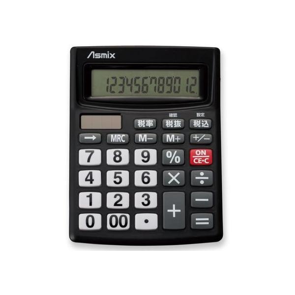 【商品説明】デスクで使うのにちょうど良いサイズの電卓です。税計算も出来ます。【仕様】●サイズ：幅１０６×高さ１４０×厚さ２５ｍｍ●質量：９５ｇ●材質：ＡＢＳ●使用電源：太陽電池、アルカリボタン電池（ＬＲ１１３０）１個●保証期間：１年間　&l...