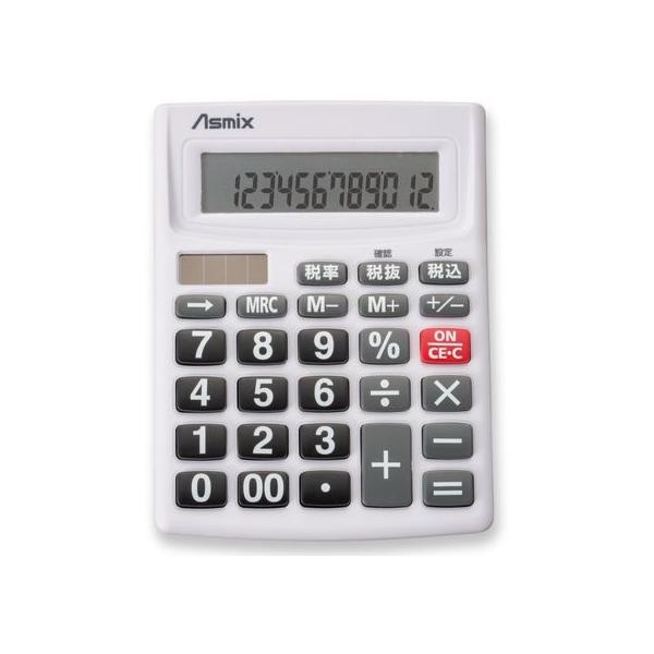 【商品説明】デスクで使うのにちょうど良いサイズの電卓です。税計算も出来ます。【仕様】●サイズ：幅１０６×高さ１４０×厚さ２５ｍｍ●質量：９５ｇ●材質：ＡＢＳ●使用電源：太陽電池、アルカリボタン電池（ＬＲ１１３０）１個●保証期間：１年間　&l...