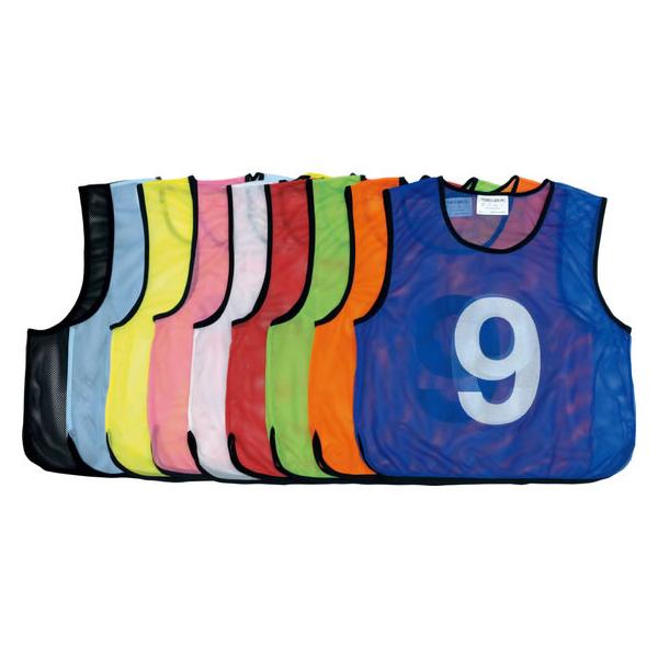 【商品説明】フリーサイズのナンバー入りメッシュベスト１０枚セット。【仕様】●素材・材質：ポリエステルメッシュ　●仕様：名入、番号等別注対応致しておりません。番号は胸・背の両面プリントです。青・赤・黒＝白文字、その他＝黒文字。　●特徴：首周り...