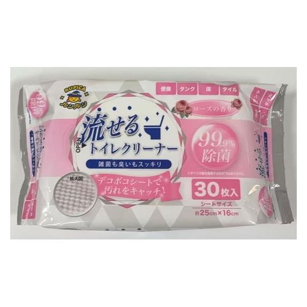 【商品説明】雑菌もニオイもスッキリ！流せるトイレクリーナーローズの香り【仕様】●シートサイズ：２５ｃｍｘ１６ｃｍ●枚数：３０枚入●材質：パルプ１００％●成分：水、フェノキシエタノール、プロピレングリコール、塩化ベンザルコニウム、Ｃ１２−１４...