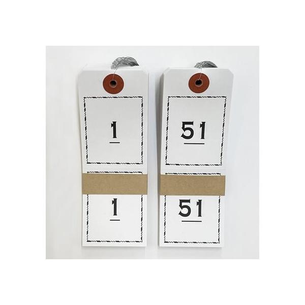 【商品説明】ホテルや旅館の手荷物預かりに便利な商品です。　柔らかい針金を使用し、１番から１００番までセットされた連番荷札です。　色別で使い分けが出来ます。【仕様】●カラー：白●材質：色上質紙１２４．５ｇ／ｍ２●サイズ：４７×１３０ｍｍ●セッ...