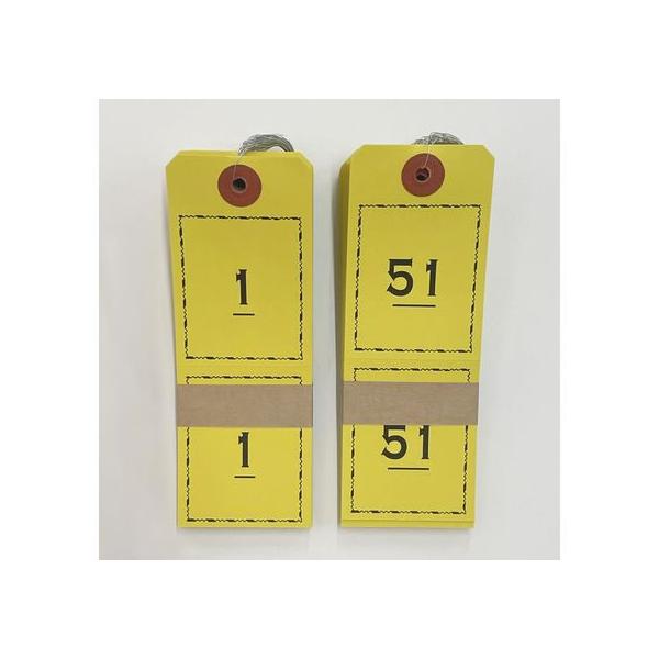 【商品説明】ホテルや旅館の手荷物預かりに便利な商品です。　柔らかい針金を使用し、１番から１００番までセットされた連番荷札です。　色別で使い分けが出来ます。【仕様】●カラー：黄●材質：色上質紙１２４．５ｇ／ｍ２●サイズ：４７×１３０ｍｍ●セッ...