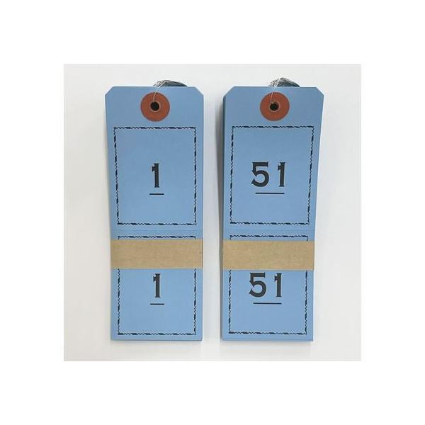 【商品説明】ホテルや旅館の手荷物預かりに便利な商品です。　柔らかい針金を使用し、１番から１００番までセットされた連番荷札です。　色別で使い分けが出来ます。【仕様】●カラー：ブルー●材質：色上質紙１２４．５ｇ／ｍ２●サイズ：４７×１３０ｍｍ●...