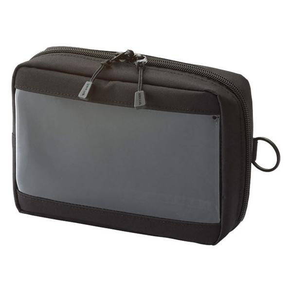 【商品説明】小物入れに。施錠可能なダブルファスナー。（南京錠が装着できる穴付き。）【仕様】●色：ブラック●サイズ：Ａ６●外寸法：縦１３０×横１８０×厚さ６０ｍｍ●材質：本体／ポリエステル、窓部分／ビニール　<ジェットプライス>　...