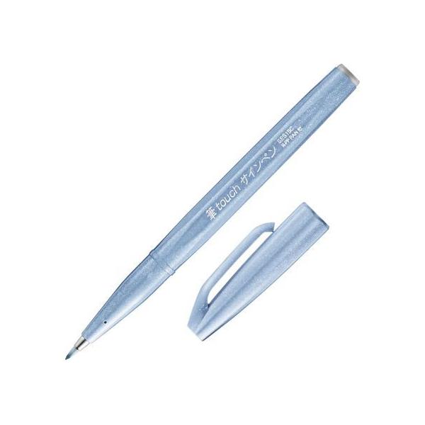 【商品説明】ロングセラーのぺんてるサインペンに筆のタッチ感をプラス。　強弱をつけやすいペン先なので書き味はまさに筆ペンとサインペンの中間。　いつもの手書きを一段おしゃれにしてくれます。【仕様】●インキ色：グレーブルー●水性染料インキ●筆記線...