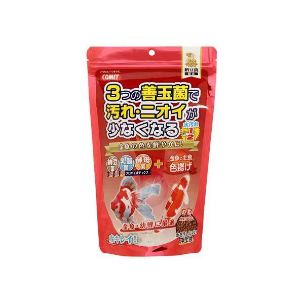 【商品説明】３つの善玉菌（納豆菌・乳酸菌・酵母菌）の力で金魚の腸内細菌のバランスを整え水の汚れや嫌なニオイを減らします。更に金魚の色を鮮やかにするカロチノイド配合の色揚げ用栄養フード。中粒タイプ。【仕様】●原材料：フィッシュミール、大豆ミー...