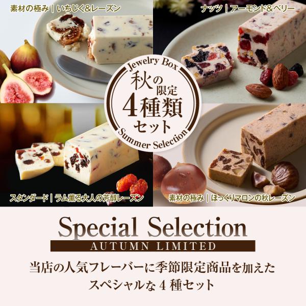 Jewelry Boxの秋の限定レーズンバター４種類セット今季は、秋限定『ほっくりマロンの秋レーズン』が仲間入り。当店一番人気の『いちじく＆レーズン』、ベリーの贅沢な風味にアーモンドの食感が楽しい『アーモンド＆ベリー』、そしてラムが芳醇に香...