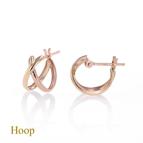 K10 YG/PG 2連 コンビカラー フープピアス2本のフープをクロスさせたダブルフープピアス。シンプルなデザインなのにクロスしたフォルムがこなれ感を演出。どんなシーン・コーディネイトにもマッチするアイテムです。【商品詳細】■地金素材K1...