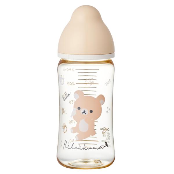 商品名：哺乳瓶 プラスチック製哺乳びん リラックマ マルチフィット 広口タイプ 240mL 日本製●マルチフィット広口タイプ哺乳びんから かわいい「リラックマ」デザインが登場  ●新生児〜卒乳まで、全月齢対応マルチフィット乳首（特許出願中）...
