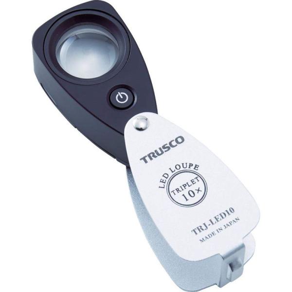 【商品名】　TRUSCO(トラスコ) LEDライト付10倍ルーペ TRJLED10 【商品説明】　・レンズ寸法(mm):20.5・倍率(倍):10・全長(mm):56・奥行(mm):29・幅(mm):55・電源:ボタン電池(LR1130)×...