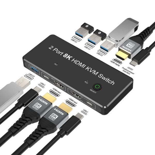 【商品名】　FDBRO 2ポート 8K HDMI 2.1 KVM スイッチ 2入力1出力 8K@60Hz 4K@120Hz 2PCから1モニター、キーボ 【商品説明】　・1つのデスクで2台のPCを操作する場合、2セットのキーボードとマウスを...