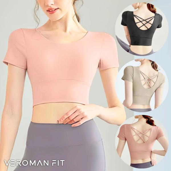素材構成：ポリエステル83%　スパンデックス17%【カップ付きで1枚で着やすい半袖ヨガトップス】カップ一体型のヨガウェアだから、運動中もパッドがズレにくく安心。インナーを重ねる手間がなく、これ1枚で着用しやすい半袖トップスです。ジム、筋トレ...