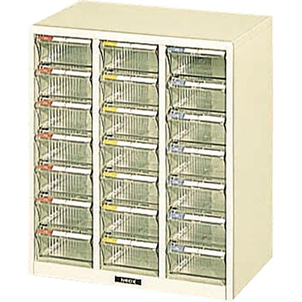 【本体色】アイボリー【製品寸法】幅419×奥行275×高さ486mm【製品重量】11.2kg【材質】本体/スチール　　　　引出し/透明スチロール樹脂【引出し種類】深型7段×3列【引出し寸法】深型引出し 幅108×奥行241×高さ57mm(内...
