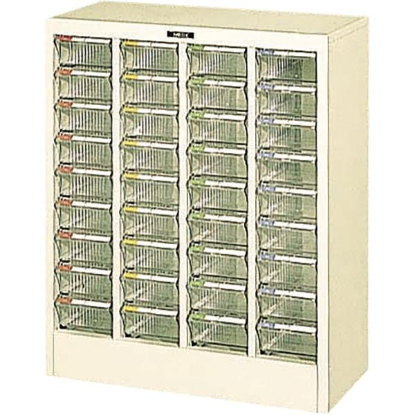 【本体色】アイボリー【製品寸法】幅573×奥行275×高さ693mm【製品重量】19.4kg【材質】本体/スチール　　　　引出し/透明スチロール樹脂【引出し種類】深型9段×4列【引出し寸法】深型引出し 幅108×奥行241×高さ57mm(内...