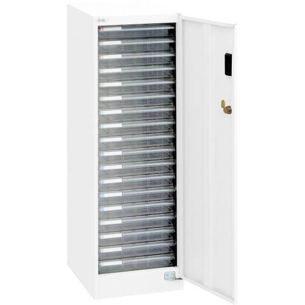 【本体色】白【材質】本体/スチール紛体焼付塗装、　　　　引出し/透明スチロール樹脂、　　　　引出し段板/ポリプロピレン【引出し種類】A4(タテ型) 浅型18段【引出し寸法】浅型引出し 幅233×奥行307×高さ36mm(内寸)【製品寸法】幅...