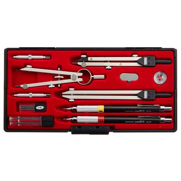 【セット内容】14品(穂替コンパス 小型 鉛筆、デバイダー 大型、穂替スプリングコンパス 鉛筆、　　　　　　　ドローイングシャープ 0.5mm、ドローイングシャープ 0.3mm、ホンセンター、　　　　　　　ドライバー、2.0mm芯、0.5m...