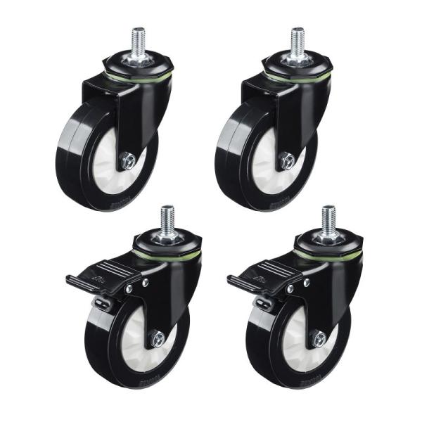 【入り数】4個(ストッパー付き/ストッパーなし 各2個ずつ)【取り付け仕様】M12×25【材質】ポリウレタン【ホイール寸法】直径100×幅32mm【製品重量】約2.8kg(4個)【付属品】スパナ(19mm)×1【出荷形態】ノックダウン組立式...