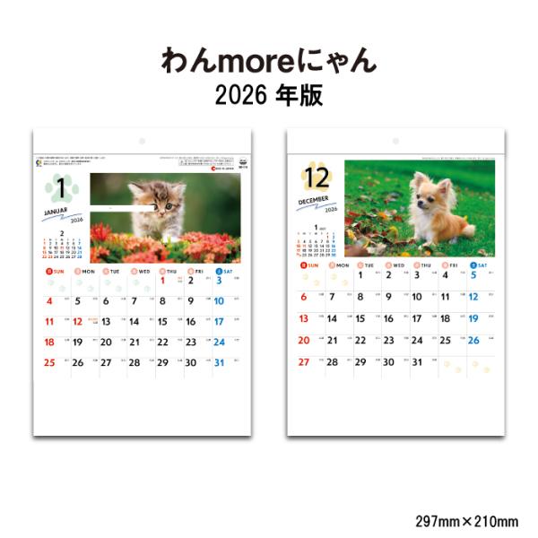 ※レビュー投稿で次回使えるクーポンプレゼント※【2026年 壁掛け  わんmoreにゃん SG115 商品詳細】サイズ　：297×210mm（A/8切）ページ数：12枚【商品特徴】・わんちゃん＆ねこちゃんが交互に登場する癒し系デザイン・キュ...
