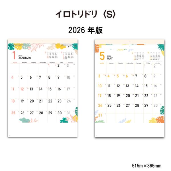 ※レビュー投稿で次回使えるクーポンプレゼント【 2026年 壁掛け イロトリドリ（S）SG7090 商品詳細】サイズ　：515×365mmm（B/4切）ページ数：12枚【商品特徴】・後月2ヶ月入りで実用性にも考慮・月により5週、6週のカレン...