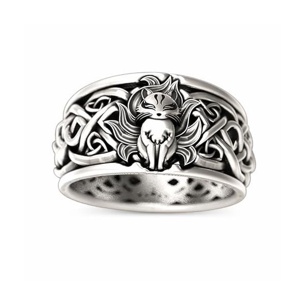 リングシルバー/22/-・RingSize:22・九尾の狐指輪: このリングは、中国や日本の伝説に登場する九尾の狐をデザインしたユニークな指輪です。九尾の狐の彫刻が細部まで精巧に作り込まれています。・商品仕様: メンズ 九尾の狐指輪 シルバ...