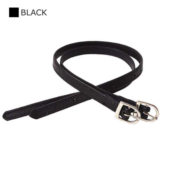 柔らかな革で作られた、シンプルな拍車ベルトです（左右セット）。1.5cm間隔で9つの通し穴が開いています。カラー：ブラック（黒）大きさ：長さ47cm×幅1.1cm（ベルト穴の範囲は30〜42cm）◆◆商品の発送について◆◆こちらの商品は、メ...