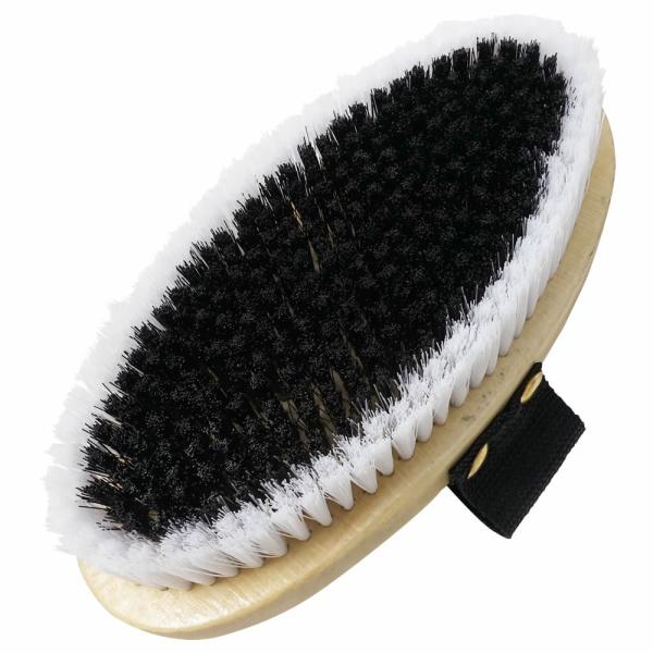 木柄のミドルサイズのナイロン製ボディブラシです。重さ：220グラム程度大きさ(概算)：縦の長さ19.5cm、毛足2.5cmカラー：白×黒