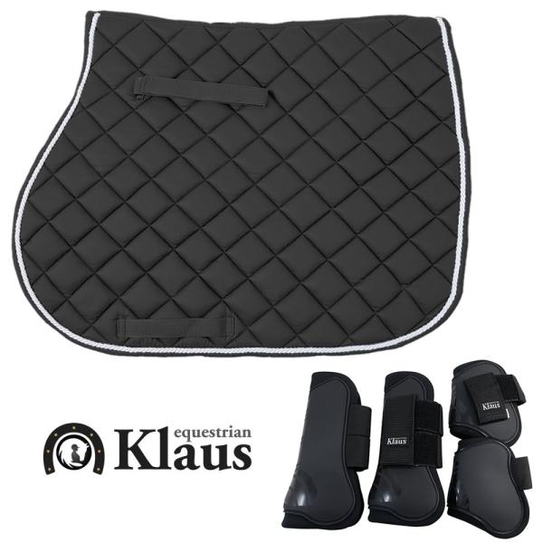 厚手タイプの鞍下ゼッケン（総合・障害用）と、馬の足を守る四肢（前肢左右・後肢左右）用プロテクターのセットです。ゼッケンは、ポリエステルとコットンの混合素材で55cm×72cm。プロテクターは、マジックテープ式、FULLサイズ。カラー：ブラッ...