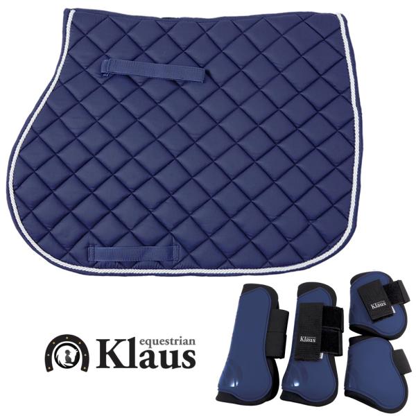 厚手タイプの鞍下ゼッケン（総合・障害用）と、馬の足を守る四肢（前肢左右・後肢左右）用プロテクターのセットです。ゼッケンは、ポリエステルとコットンの混合素材で55cm×72cm。プロテクターは、マジックテープ式、FULLサイズ。カラー：ネイビ...