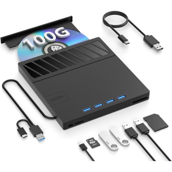 DVDドライブ 外付け dvd cd ドライブ 外付け DVD/BD/CDプレーヤー 読み取り/書き込み対応 3D blu ray プレイヤー bluray 外付けドライブ SD/TFカード 4 USBポート付き DVDバーナー 光学ドライ...