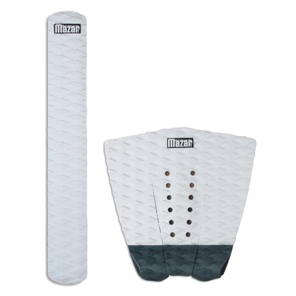 【商品の仕様】■デッキパッド（後足用）：MAZAR TRACTION ＜スキムベーシックグリップ＞■カラー：WHTxGRY ■サイズ：全長/300ｍｍ 全幅/302ｍｍ　[3 PIECESS PAD]■デッキパッド（前足用）：MAZAR T...