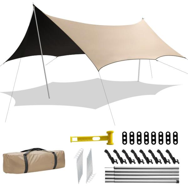 商品コード：X0017LLOHJタープサイズ：4.5×3m材質：高密度ポリエチレン、スチール、樹脂内容：タープ本体、支柱×２、ロープ8本、ペグ8本、ペグハンマー、収納ケース重さ：約4.5kg生産国：中国