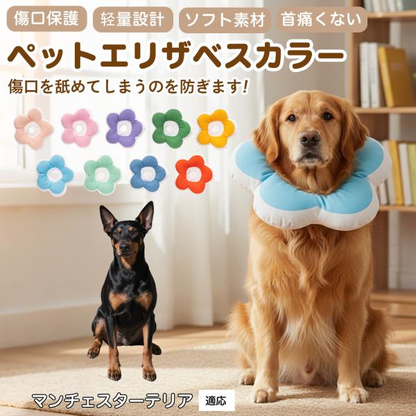 適応ペットマンチェスターテリア犬 マンチェ商品名：ソフトエリザベスカラー（犬猫兼用／布製・花型）説明：柔らかい布製＋中綿で軽量。ぶつかっても痛みにくく、視界を妨げにくい。食事や給水もしやすく、日常生活のストレスを軽減。表面は撥水で汚れは拭き...